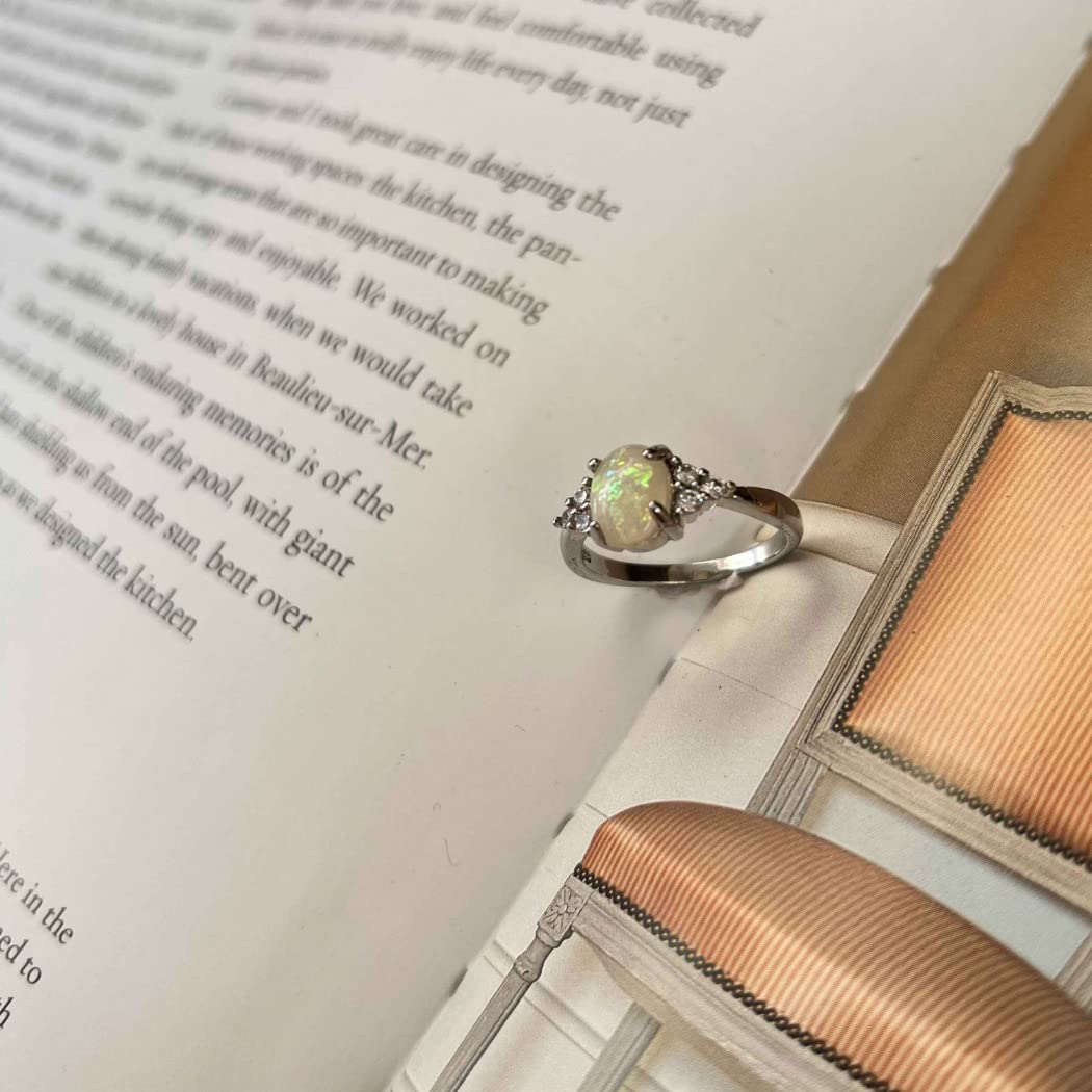 Dainty Simple Rings Opal Ring for Women Oval Lab Created White Opal & Round Cubic Zirconia Personalized Engraved Custom Name Sterling Silver (1)