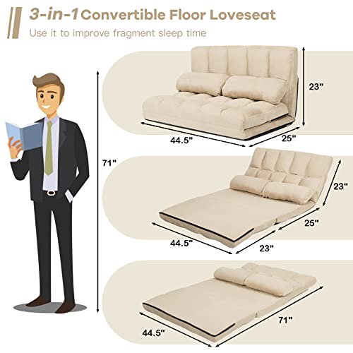 KOMFOTT Adjustable Floor Sofa Bed, Foldable Lazy Sofa Sleeper Bed with 6 Position Backrest & 2 Pillows, Convertible Futon Couch Bed with Suede Cloth Cover, Lounge Recliner for Living Room