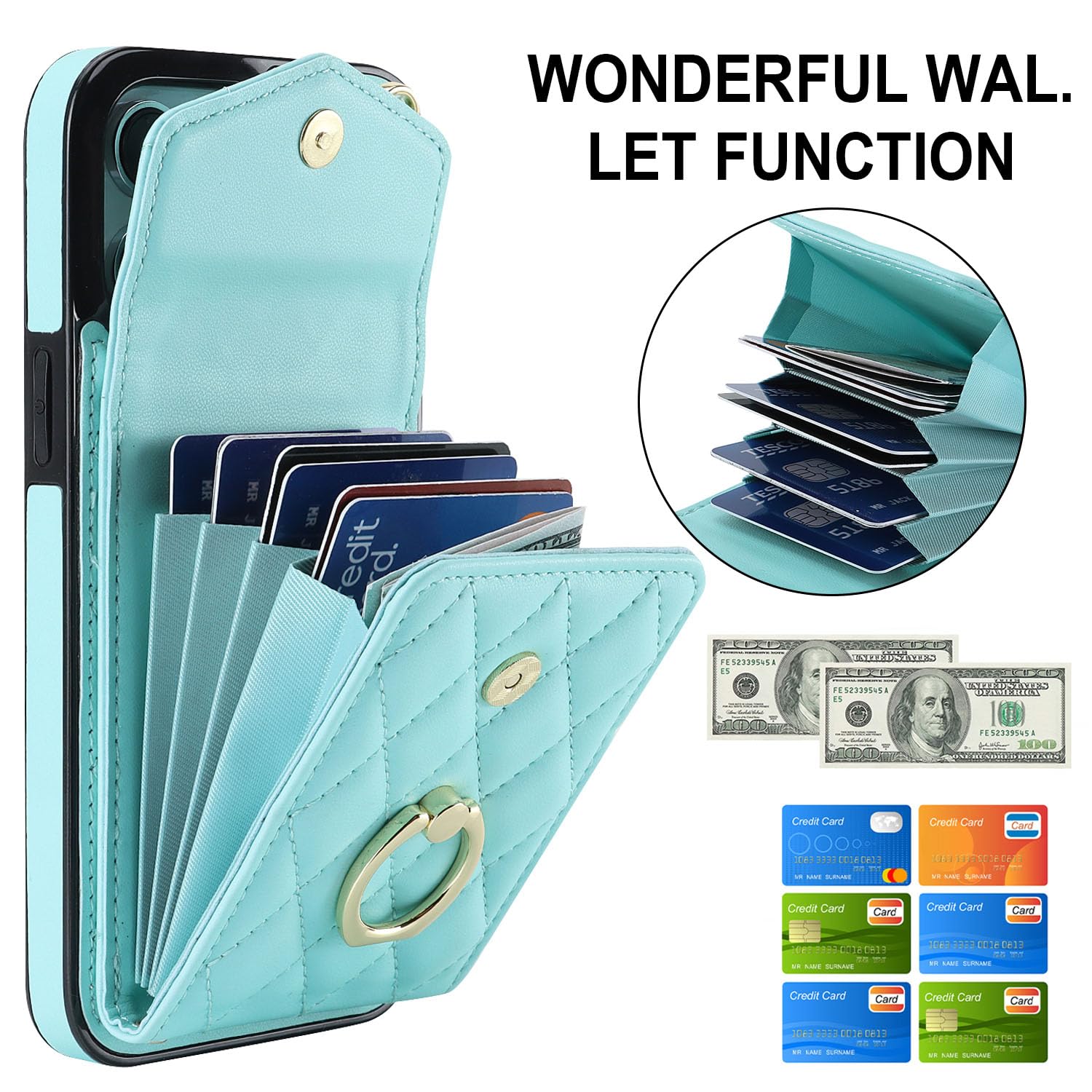 CHENRLIAN Compatible with iPhone 15 Pro Max Wallet Case, with Card Holder,Crossbody Case with Strap Wrist,Protective Leather Case with Ring for Apple iPhone 15 Pro Max, 6.7", 2023(Mint Green)
