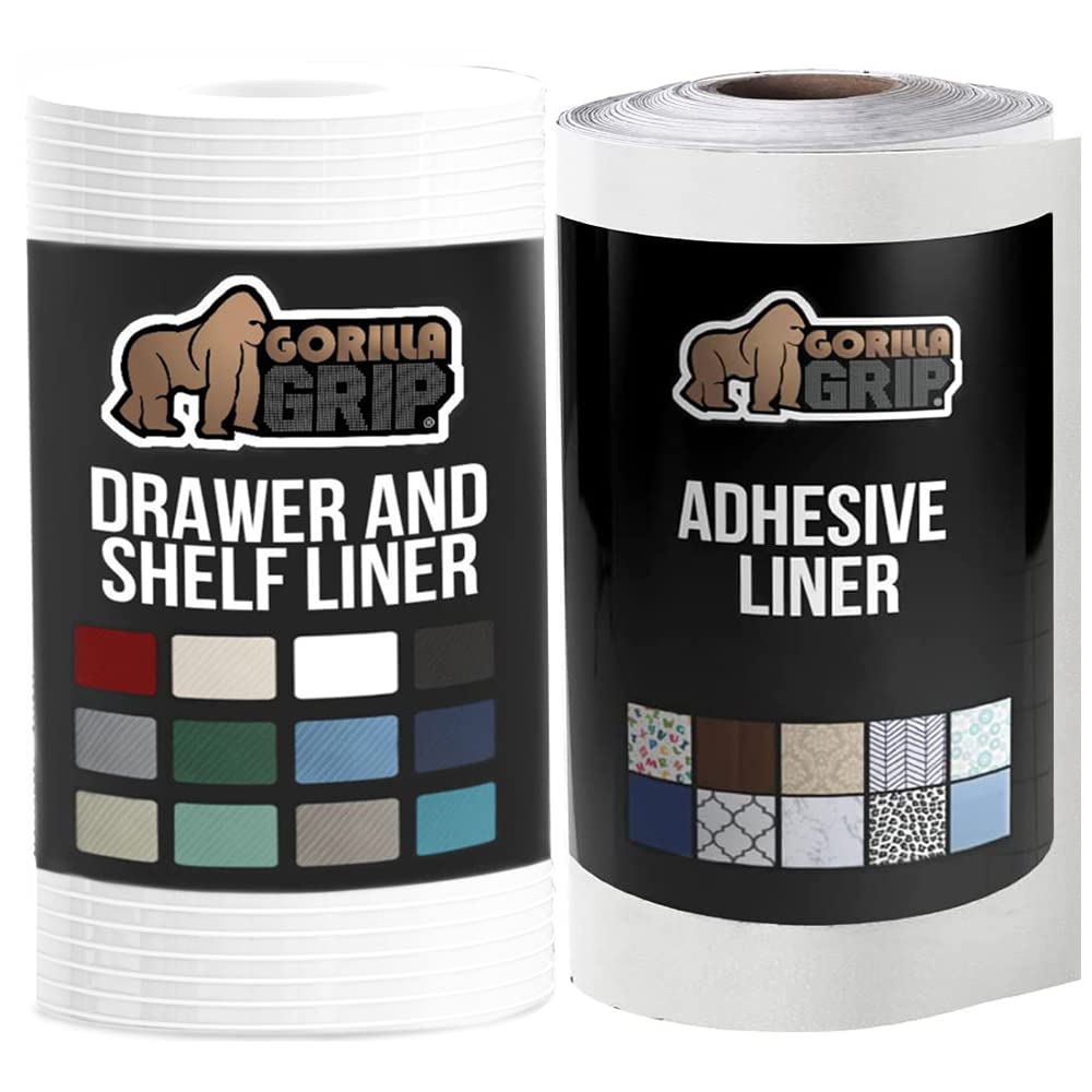 Gorilla Grip Ribbed Drawer Liner and Adhesive Removable Liner, Ribbed Liner Size 12x20, Waterproof Liner for Drawers, Adhesive Liner Size 17.5x20, Book Cover, Both in Clear, 2 Item Bundle