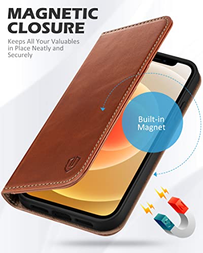 SHIELDON Wallet Case for iPhone 12 5G, Genuine Leather Folio Case Magnetic Shock Absorbing Case RFID Blocking Credit Card Holder Kickstand Compatible with iPhone 12/12 Pro 6.1" - Retro Brown
