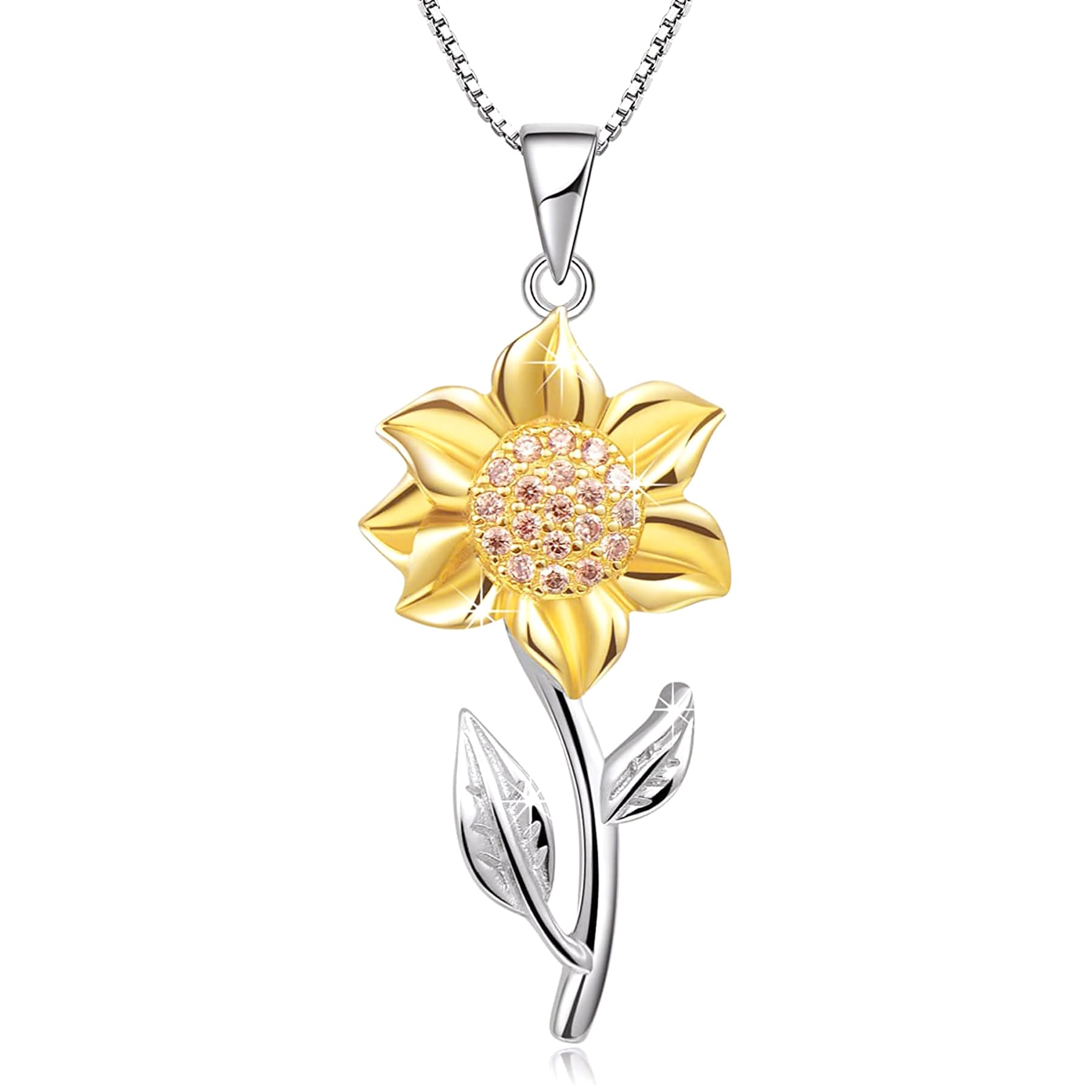 YZSFMZGE 925 Sterling Silver Sunflower Necklace Yellow Gold Plated CZ Flower Pendant with Jewelry Gift Box for Women