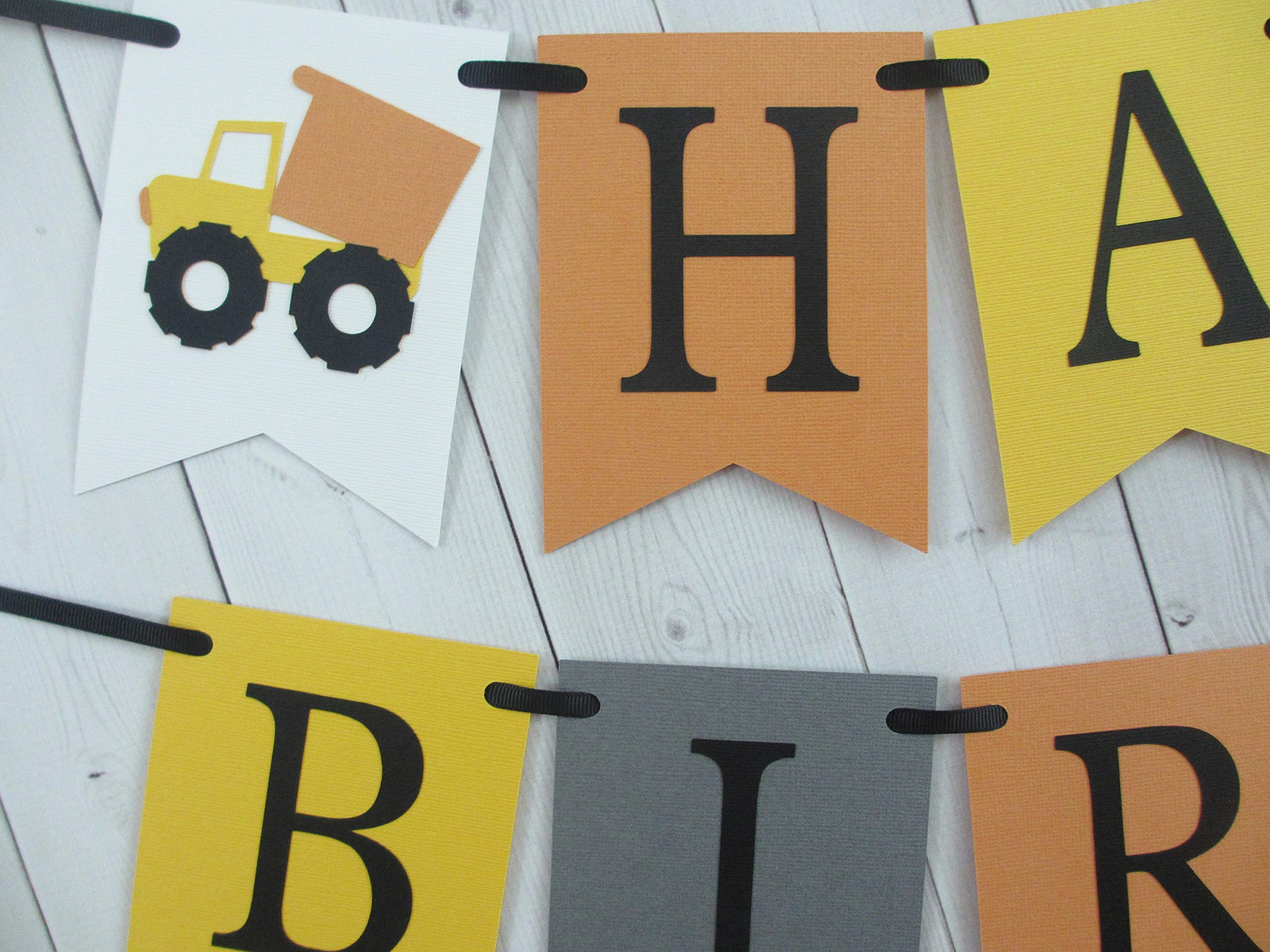 Construction Truck Happy Birthday Party Banner Sign Aqua Orange Yellow Grey