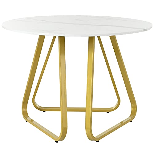 Dinehome 5-Piece Round Set with Faux Marble Table and Four Chairs with Metal Legs for Dining, Kitchen and Living Room, White+Gold