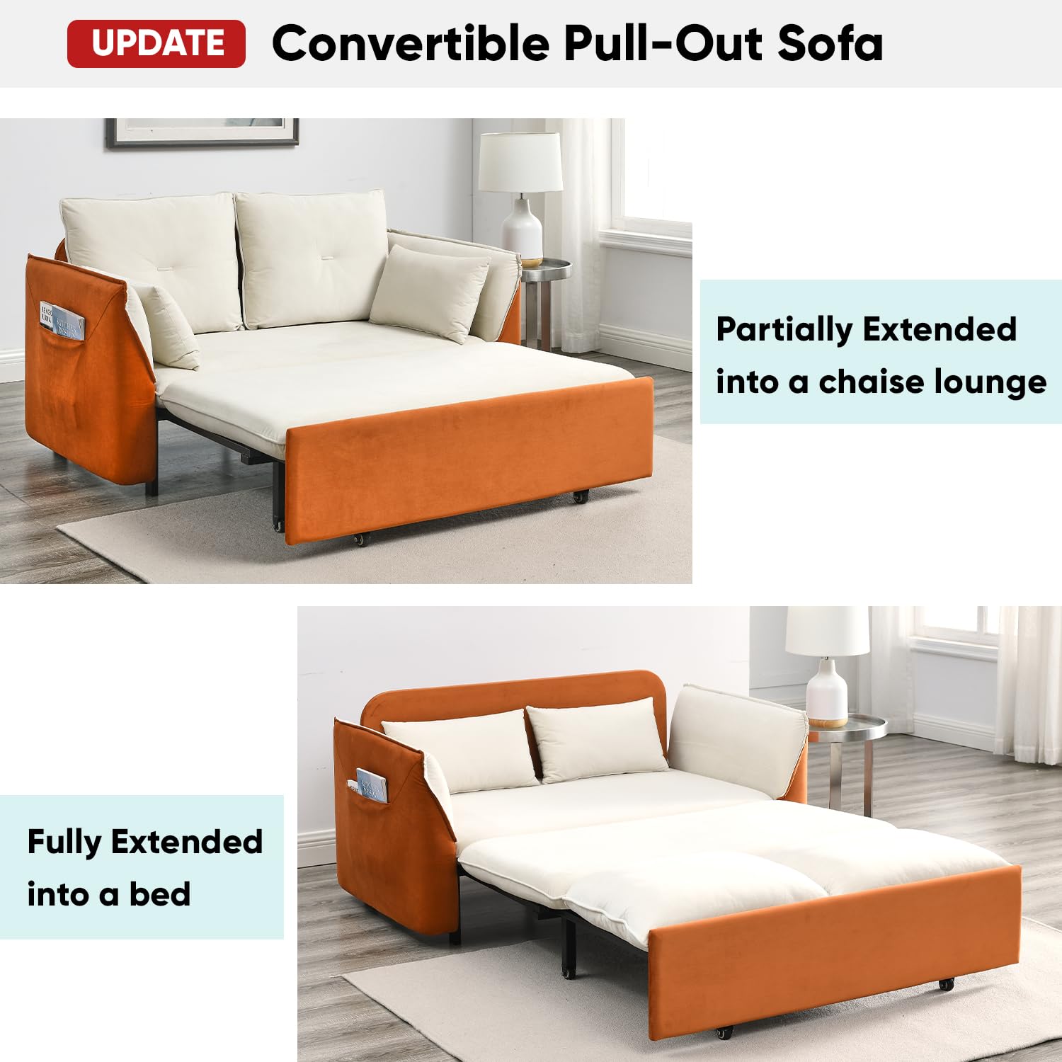 JOYBASE Pull Out Sleeper Sofa Bed Couch, Modern Convertible Loveseat Sofa Couch with Pullout Bed for Apartment Bedroom Living Room (Blue & White, Velvet)