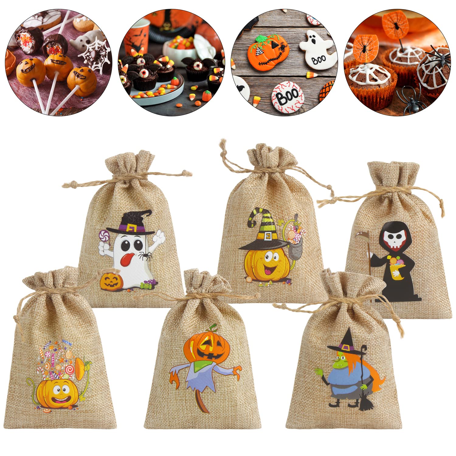 LOKIPA 36 Pcs Halloween Burlap Gift Bags with Drawstring Small Jute Pouches for Kids Adults Party Supplies