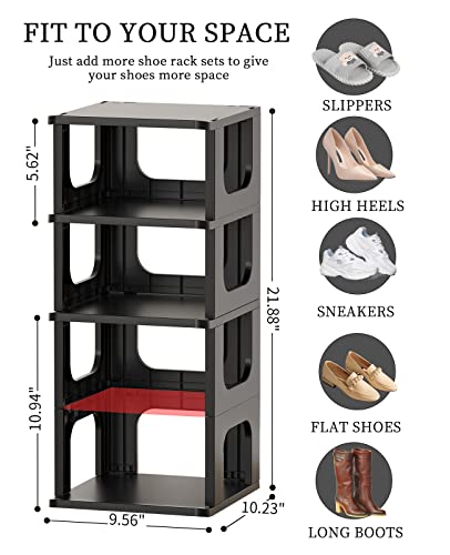 Shoe Organizer Shoe Rack for Small Spaces 5 Tier Plastic Vertical Narrow Shoe Shelves for Closet Black Shoe Holder, Stand For Entryway Shoe Storage Boots Organizer Stackable Shoe Cabinet