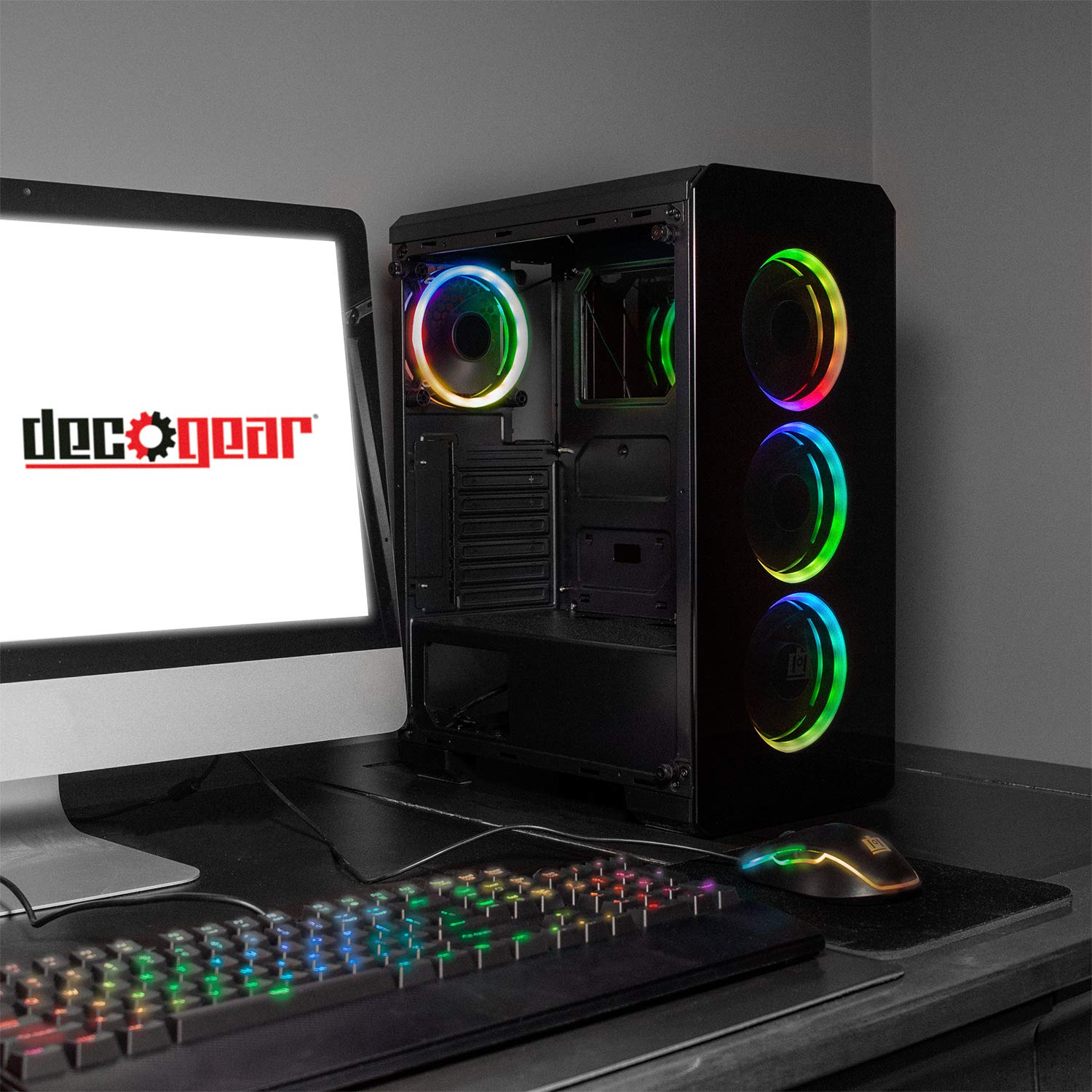 Deco Gear Mid-Tower PC Gaming Computer Case 3-Sided Tempered Glass and LED Lighting - Mini-ITX, Micro-ATX, ATX - Includes 4 120mm Double Ring Fans w/Expansion for More, 7 Expansion Slots, 4 Drives