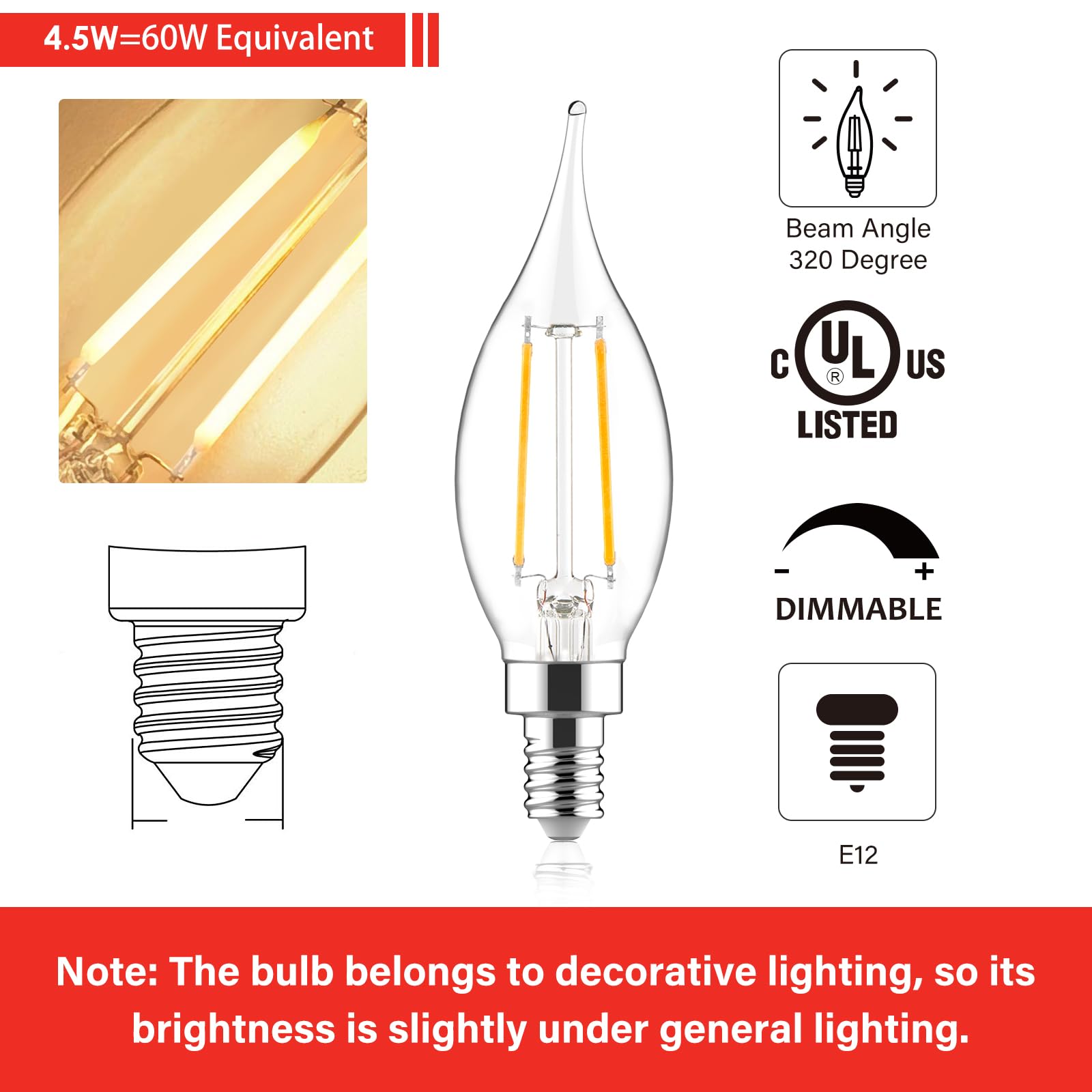 Sengled E12 Candelabra Bulb 60W Equivalent LED Chandelier Light Bulbs, 5W Dimmable E12 LED Bulb, 2700K Soft White 450LM Candelabra Base, Flame Tip Candle Light Bulbs, 12 Packs