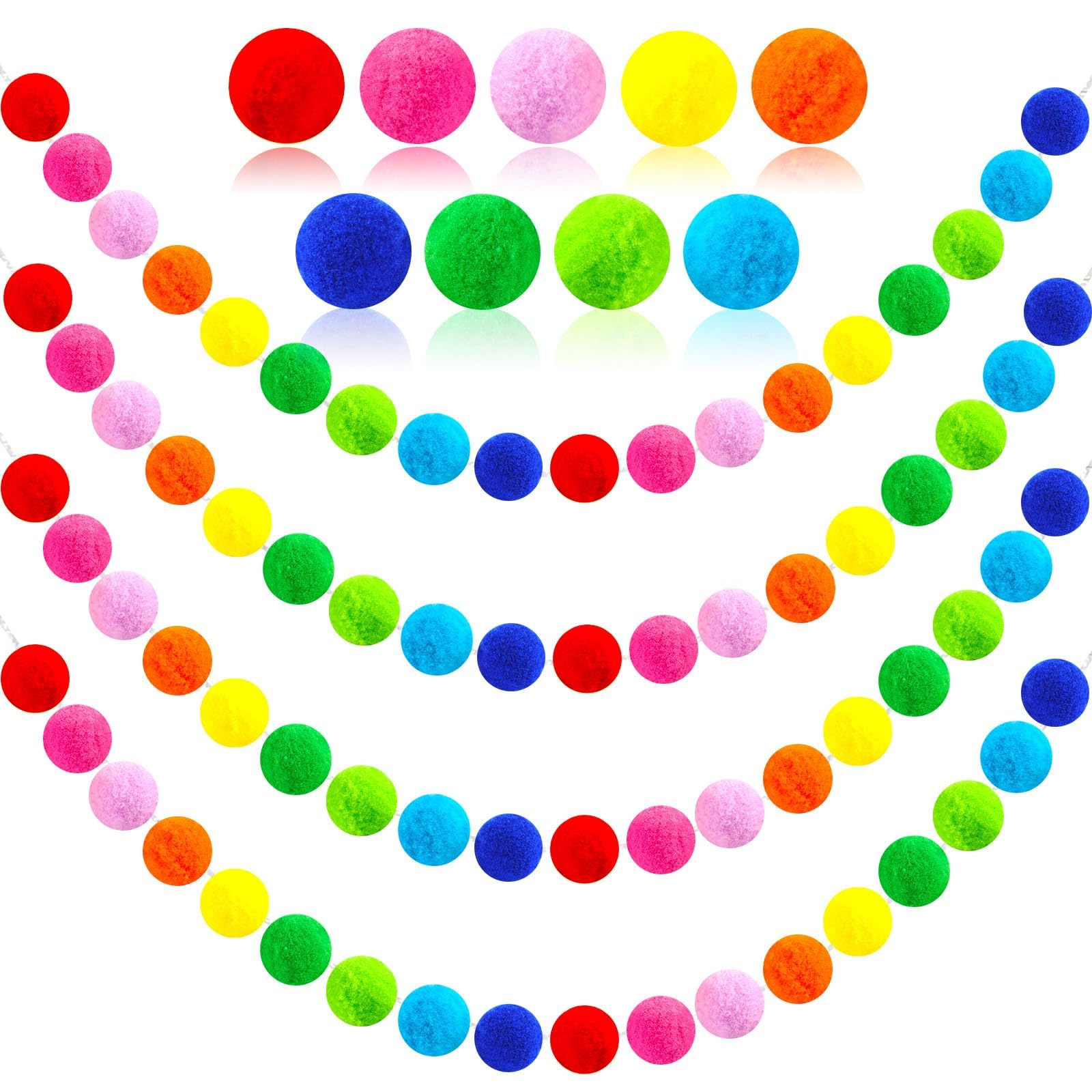 MARFOREVER 4 Pack 26.3 Feet Colorful Christmas Pom Pom Garland Decorations, 30 Balls Rainbow Felt Ball Garland Christmas Garland Hanging Supplies for Xmas Tree Classroom Birthday Party Wall Decor