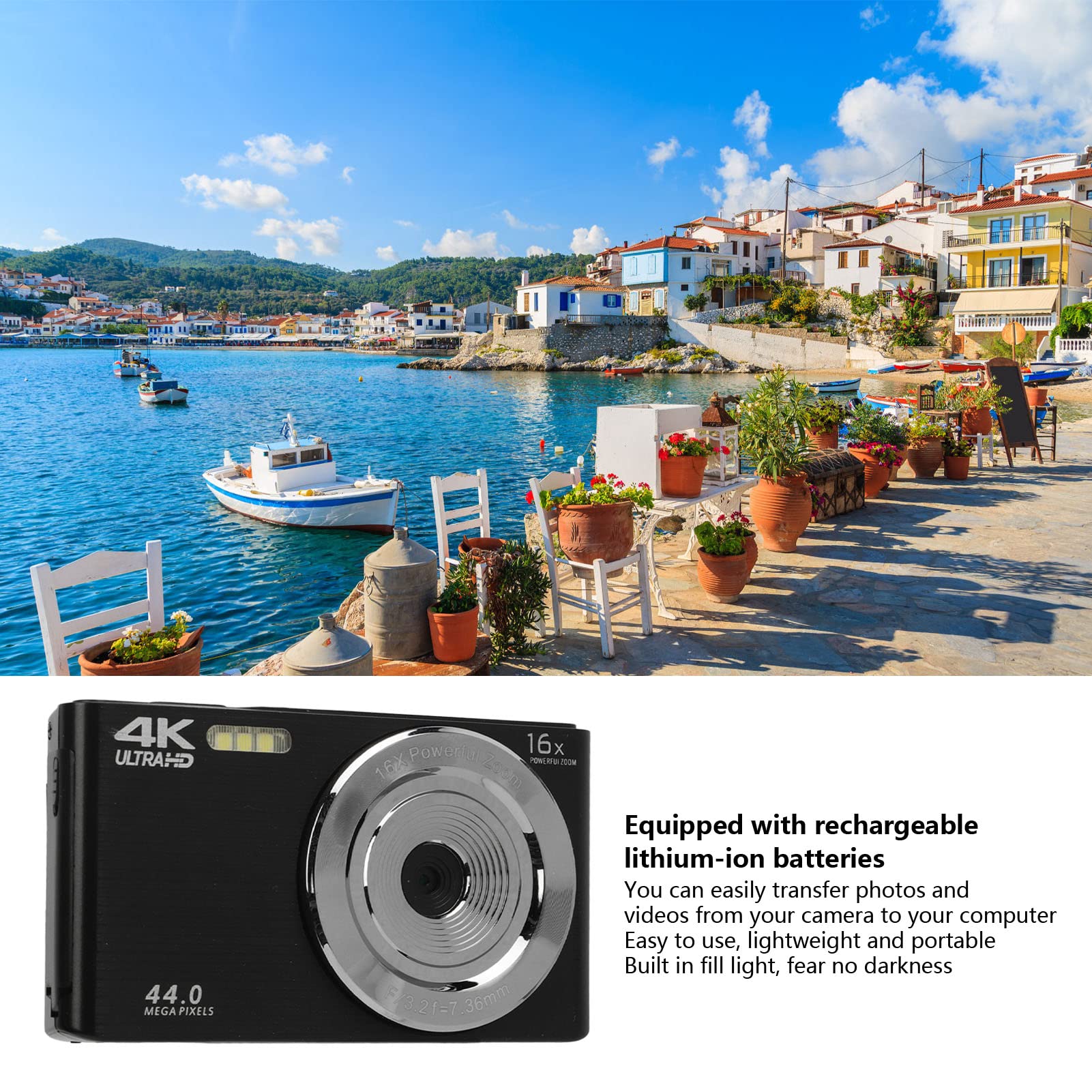 Digital Camera 4K 44MP HD Mini Camera,2.8 Inch 16X Digital Zoom Shock Proof Compact Camera,Pocket Vlogging Camera for Photography (Black)
