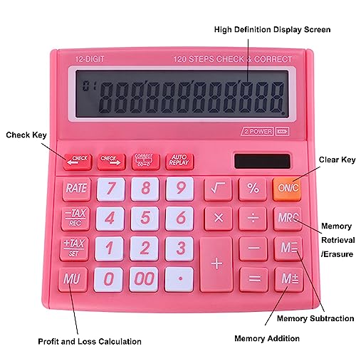 Office Desk Calculator 12 Digits with Solar Power and Easy to Read HD LCD Display, Big Buttons, for Financial Affairs,Home, Office, School, Class and Business,with Battery,Pink