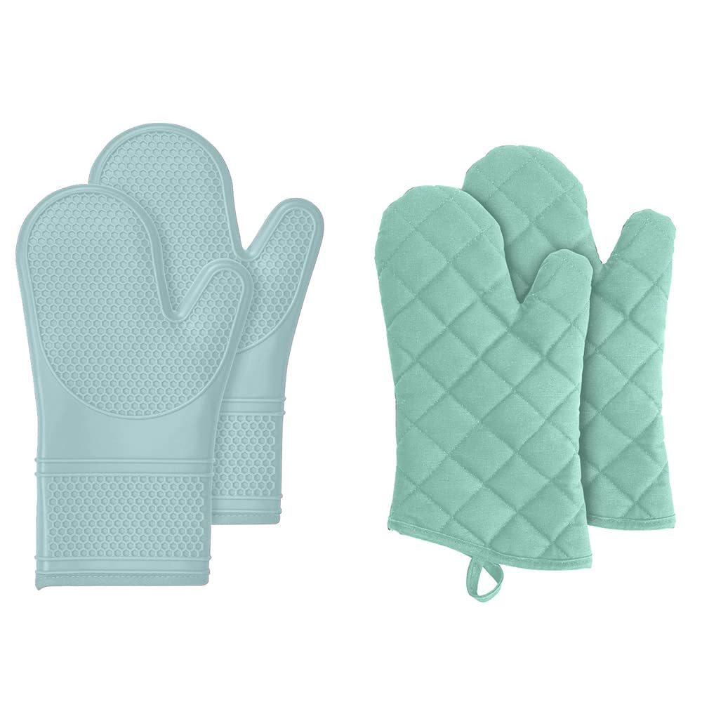 Gorilla Grip Silicone Oven Mitts and Cotton Oven Mitts Set, Both in Mint Color, Soft Quilted Lining, Heat Resistant, 2 Item Bundle