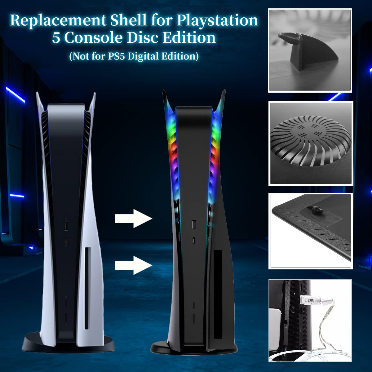 Face Plates for PS5 Console with RGB LED Light Strip, Replacement Shell Cove for PS5 Disk with Fan Vents, 3 Control Modes, 8 Colors, 400+ Lights Effects, Music Sync, ABS Hard Shockproof Anti-Scratch