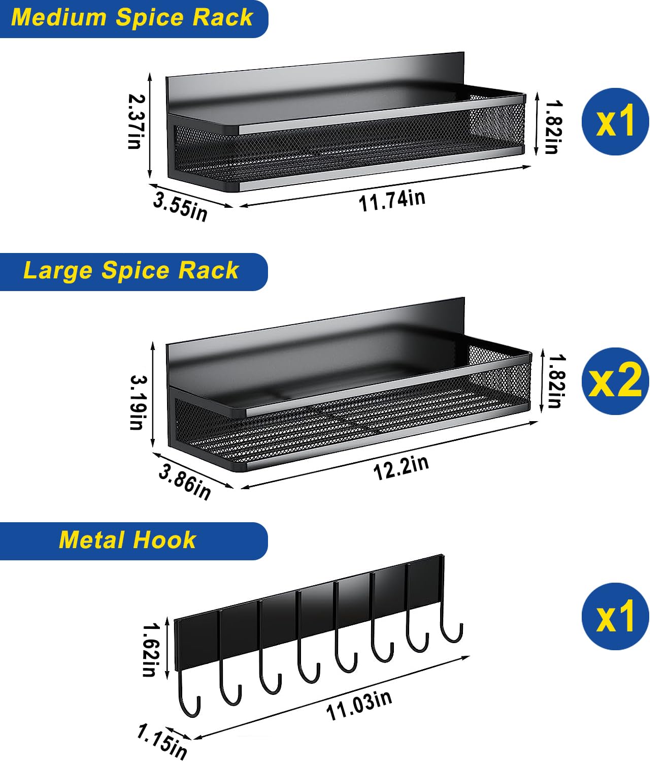 Miyawell Magnetic Spice Rack for Refrigerator, 4 Pack Magnetic Shelf, Fridge Organizer Magnet Shelves for Kitchen Organization and Storage, Moveable Seasoning Racks with 8 Hooks, Metal&Black