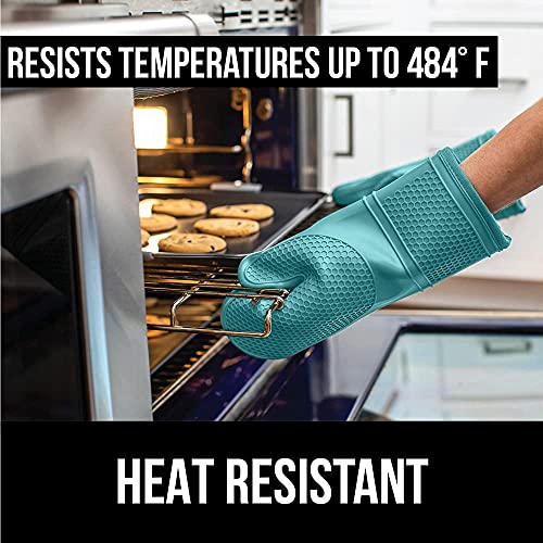 Gorilla Grip Silicone Oven Mitts Set and Silicone Dish Drying Mat, Both in Turquoise Color, Oven Mitts are Heat Resistant, Drying Mat is Size 16x12, 2 Item Bundle