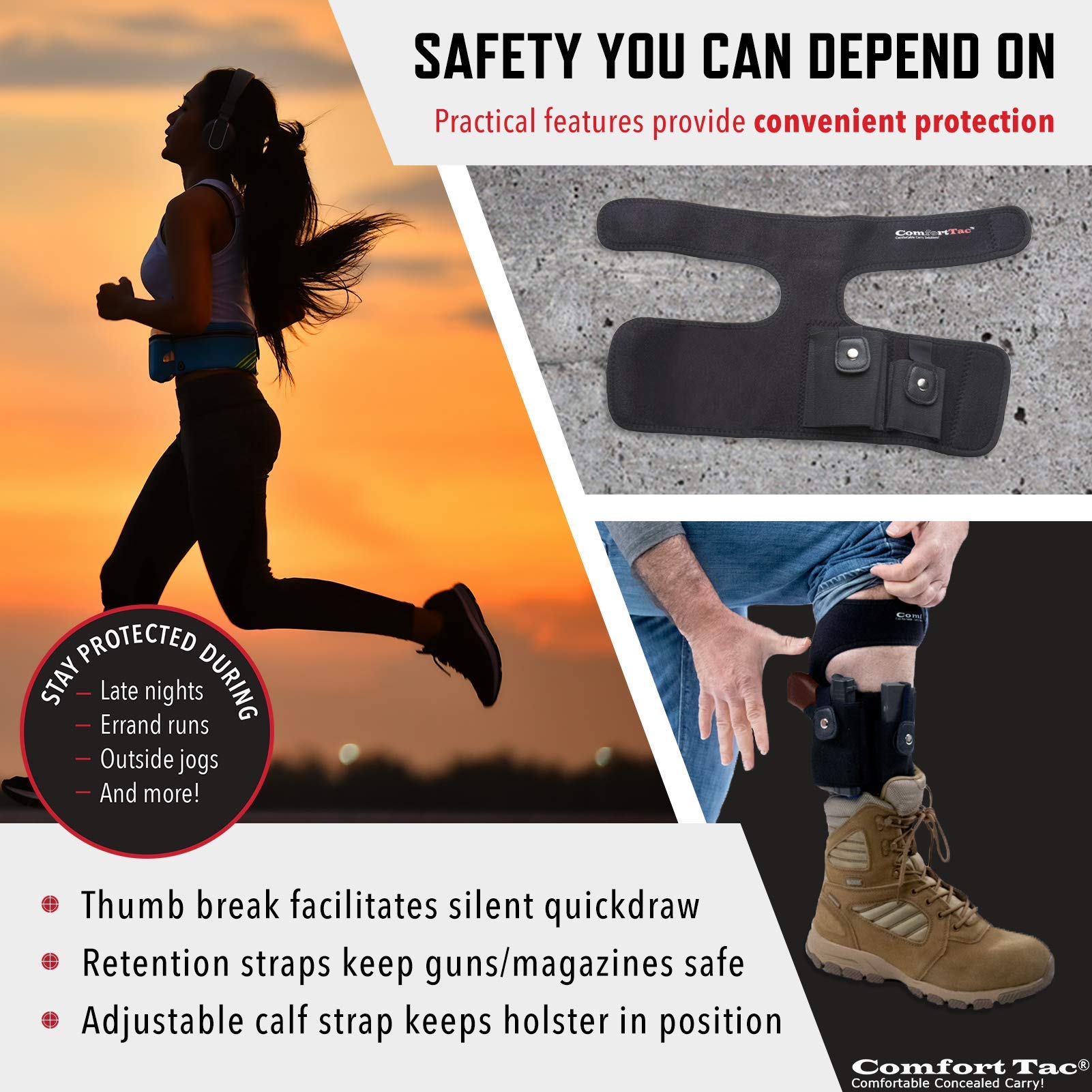 ComfortTac Ankle Holster with Calf Strap and Spare Magazine Pouch for Concealed Carry - One Size Fits Most - Compatible w/Glock 19, 26, 36, 42, 43, S&W Shield, Bodyguard 380, Ruger LCP, LC9, and More