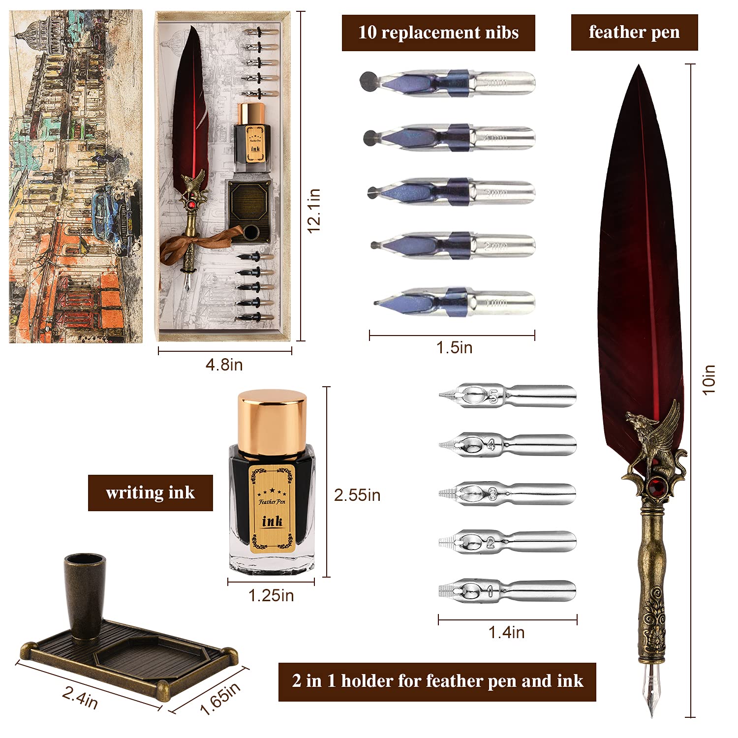 Eptbsdu Antique Calligraphy Feather Pen Quill Pen and Ink Set Beginners Animal Feather Dip Pen with 10 Replacement Nibs Ink & Pen Holder for Writing Drawing Signature