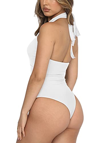 REORIA Women's Sexy Criss Cross Halter Neck Sleeveless Party Club Night Going Out Thong Bodysuits Tops White X-Large