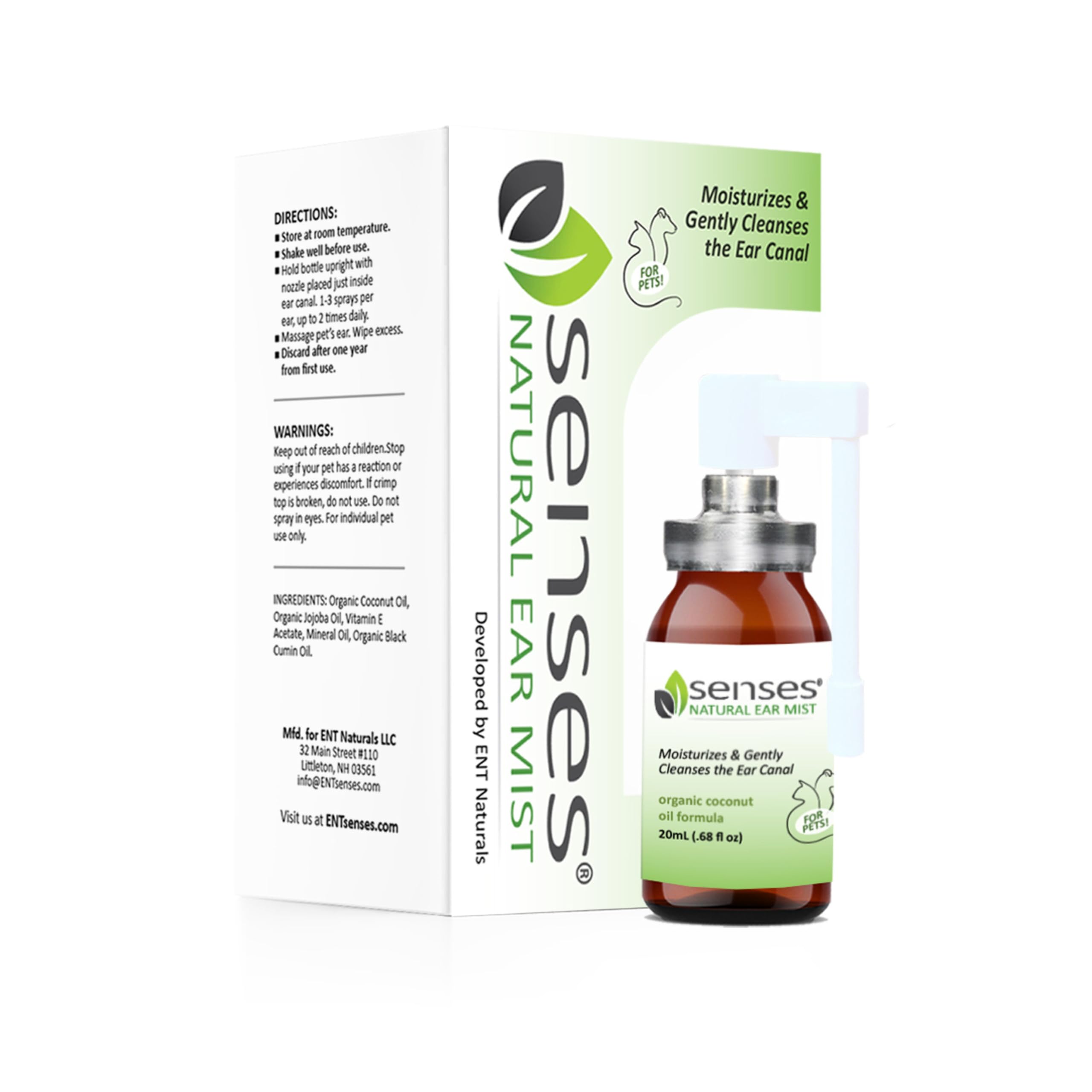 SENSES Physician Formulated Natural Ear Spray for Pets - Organic Coconut Oil Mist for Irritated Ears - Use for Cleansing, Natural Ear Relief for Pets. Made in USA