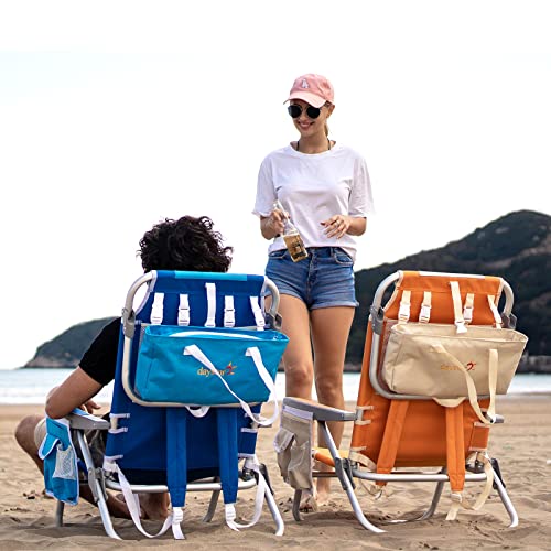 SUNNYFEEL Low Beach Chair 5 Position Lay Flat, Portable Folding Backpack Beach Chairs Heavy Duty with Cooler Bag, Cup Holder for Outdoor/Lawn/Trip/Picnic/Fishing, Foldable Camping Chair (New Blue)