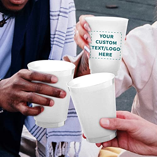 Custom Frosted Plastic Stadium Cups, 10 pack, Promotional Text, Logo, 16 oz. Shatterproof Flexible Reusable Party Cups, Pearl White