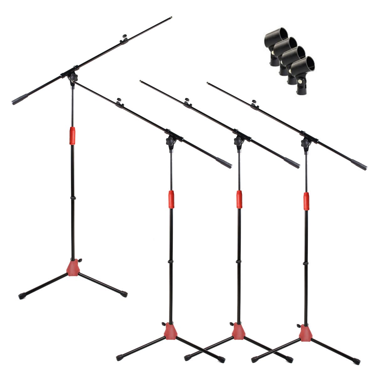 Tripod Microphone Boom Stand with Mic Clip Adapter (Pack of 4) by GRIFFIN | Adjustable Holder Mount For Studio Recording Accessories, Singing Vocal Karaoke, Live Stage | Folding Legs & Telescoping Arm