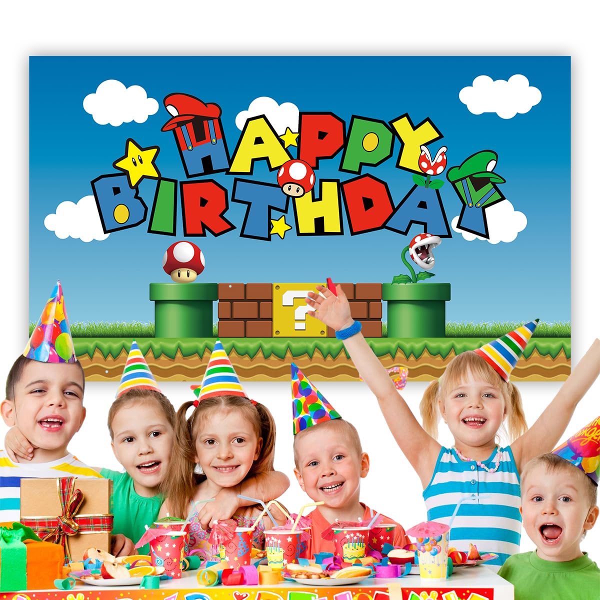 Mario Happy Birthday Party Backdrop, Baby Shower Cake Table Decoration Supplies, Mario Themed Banner (5X3FT)