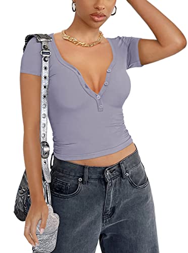 REORIA Women’s Summer Sexy Casual Henley V Neck Button Down Short Sleeve Going Out Y2K Ribbed Tshirts Crop Tops Light Haze Blue Small