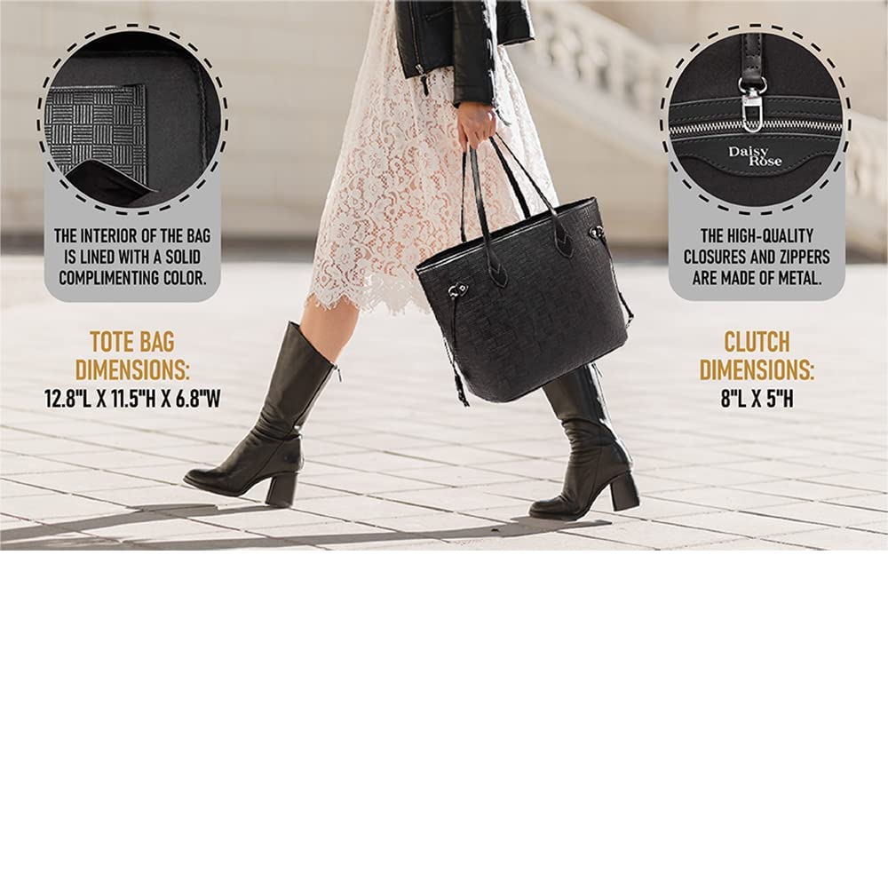 Daisy Rose Tote Shoulder Travel Bag & Matching Clutch PU Vegan Leather - Black Check