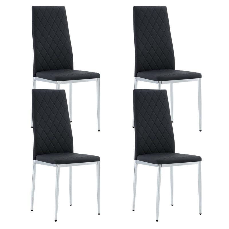 Dining Chairs Set of 4, Upholstered Dining Room Chairs with High Backrest and Silver Metal Legs, Modern Leather Armless Kitchen Chairs for Living Room, Dining Room, Restaurants, Bedroom, White