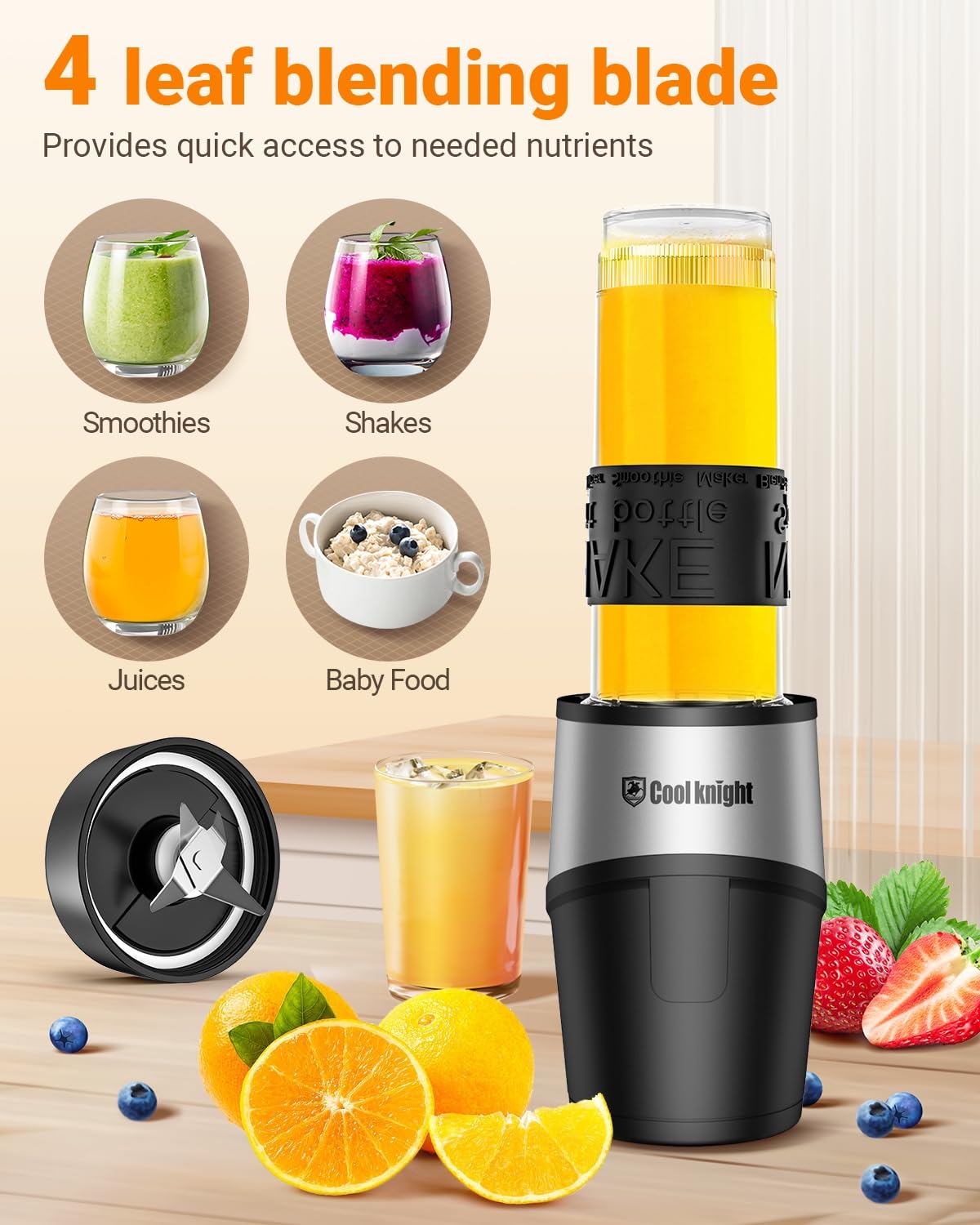 COOL KNIGHT Personal Blender, 500W Portable Blender for Shakes and Smoothies, 10 Pieces Personal Smoothie Blender Set, With 2 * 20 oz Travel Mugs, Carrier Bag, Cooler Stick and Lemon Juicer.BPA Free