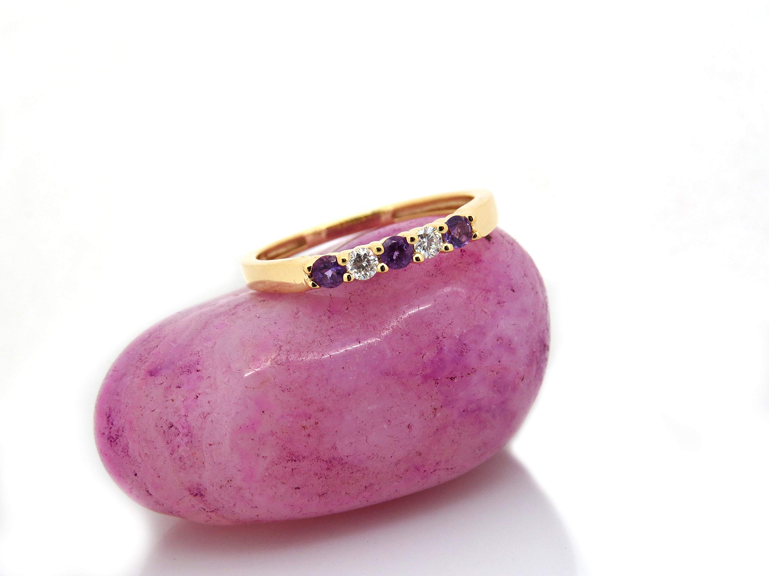 Dazzlingrock Collection Alternate Round Amethyst with White Diamond 5 Stone Wedding Band for Women in 14K Yellow Gold, Size 8