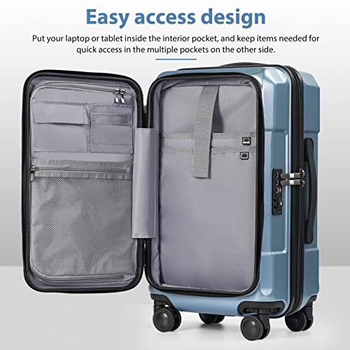 Coolife Luggage 2 Piece Luggage Set Carry On Spinner Suitcase Set with Pocket Compartment Weekend Bag Hardside Trunk (blue_zipper type, 2-piece Set)