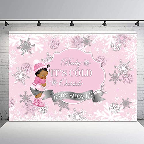 MEHOFOTO Winter Wonderland Girl Baby Shower Photography Studio Background Party Decor Silver Snowflake Pink Little Princess Baby It's Cold Outside Banner Photo Backdrop Banner 7x5ft