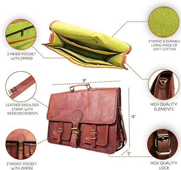 JMD Arts Leather Messenger Bag for Men Women - Full Grain Leather Laptop Satchel Office Shoulder Bag (Brown) gives vintage look,Brown