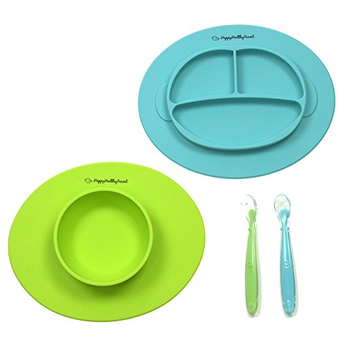 Silicone Bowl and Silicone Plate Easily Wipe Clean! Self Feeding Set Reduces Spills! Spend Less Time Cleaning after Meals with a Baby or Toddler! Set Includes 2 Colors (Lime Green / Turquoise)