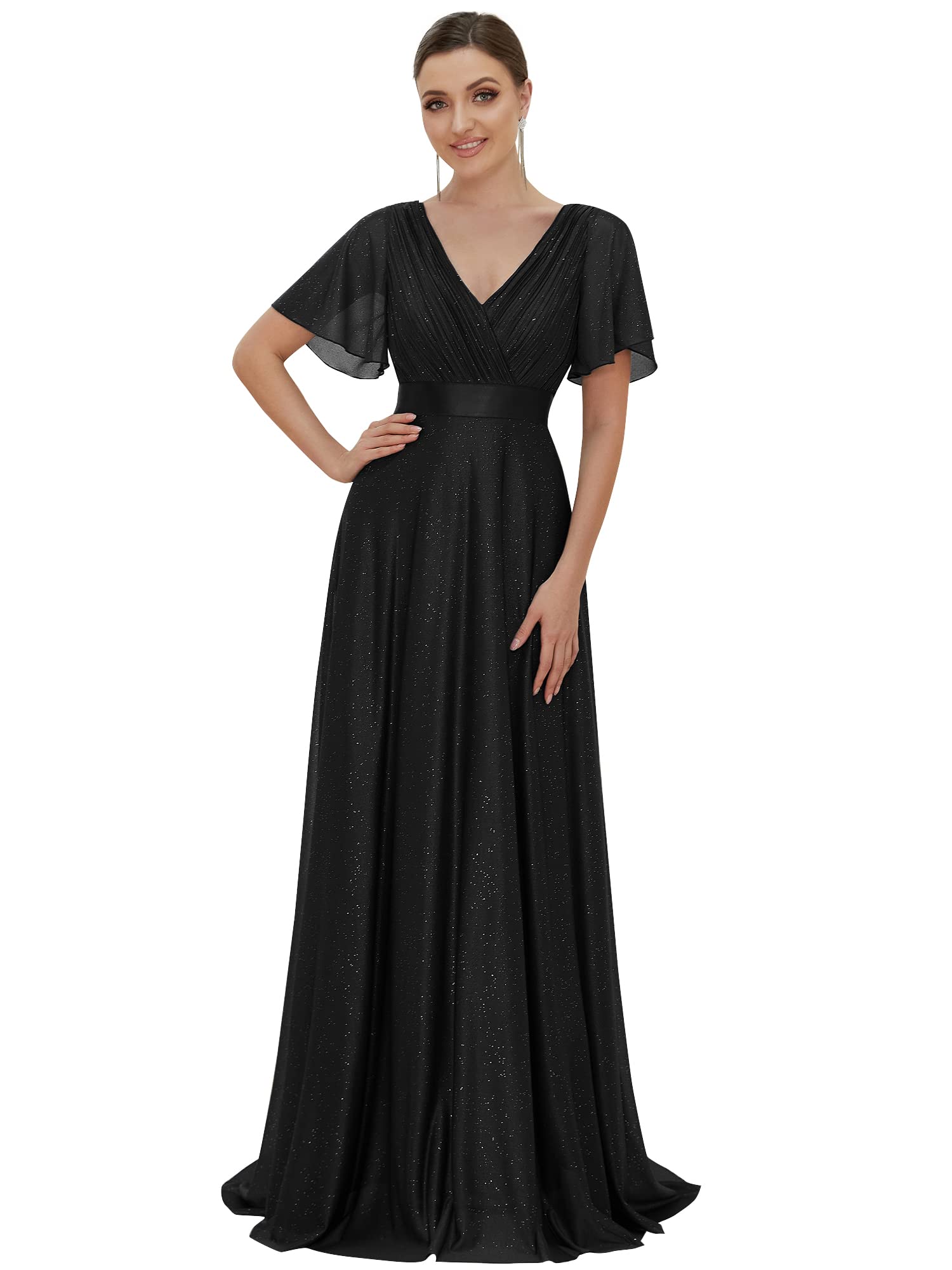 Ever-Pretty Womens Evening Dresses V Neck Short Sleeves A-line Glitter Formal Dresses Black US16