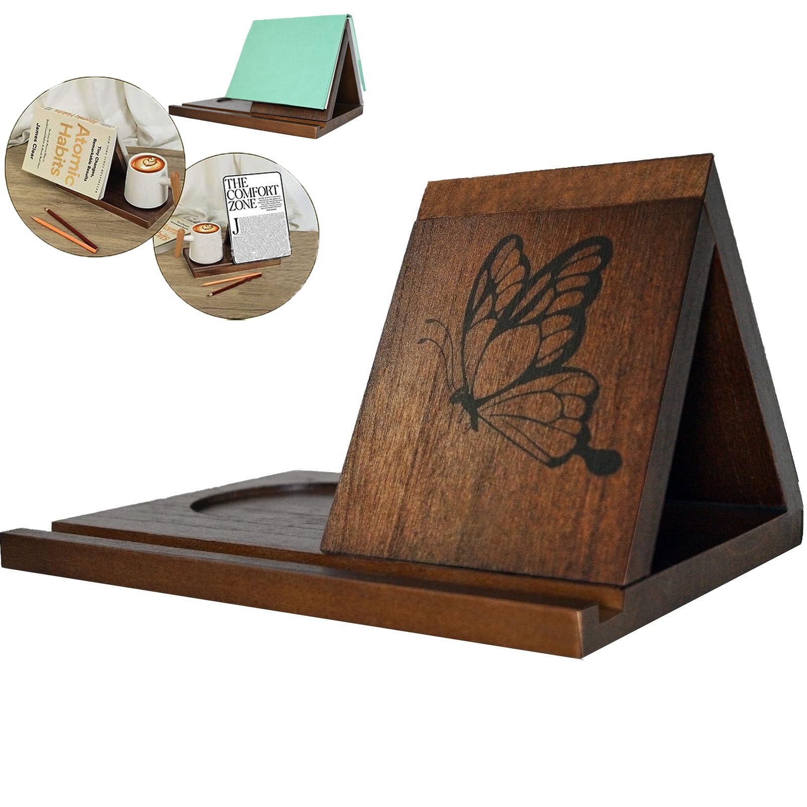 MJLINTATAG Book Holder for Reading Rest,Triangle Book Stand for Book Lovers Gifts, Wood Bookmark Shelf Great Gift for Book Lovers (Dark Brown)