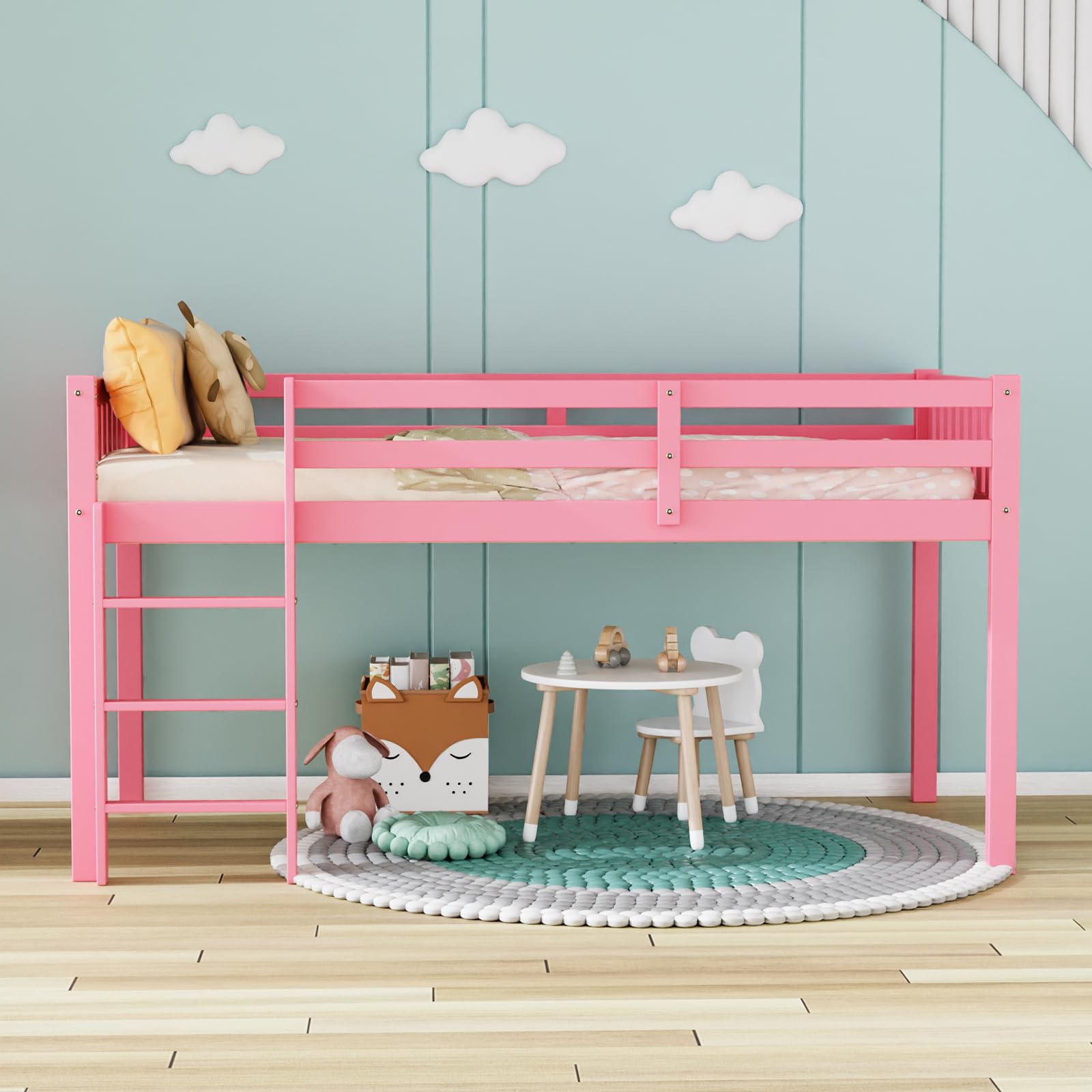 JOYMOR Low Loft Bed Twin Size with Stairs, Wooden Toddler Loft Bed for Kids, Junior,Young Teens,Pine Wood Twin Bed Frame, Space-Saving Design, No Box Spring Needed, Pink