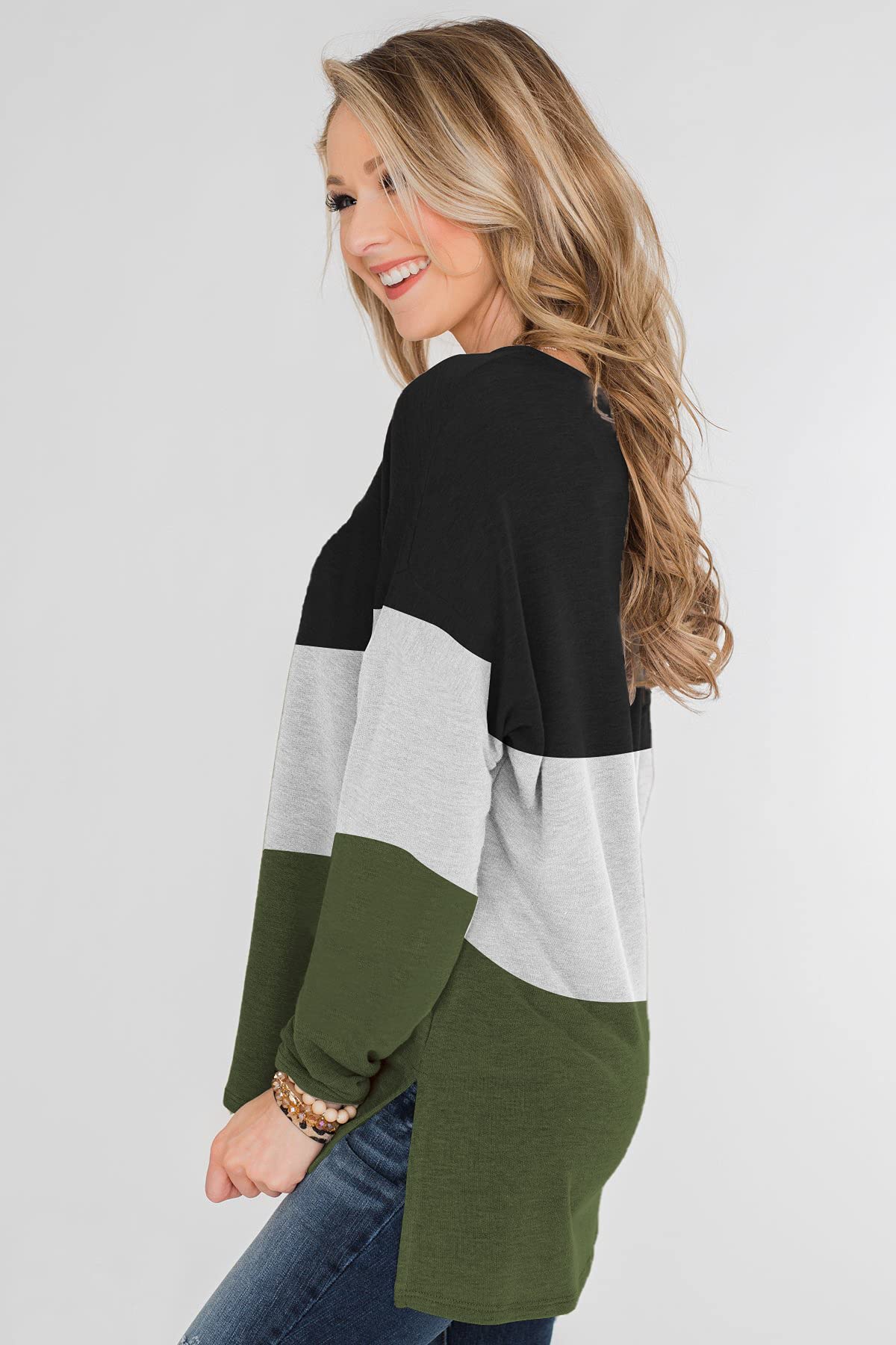 ETCYY NEW Womens Long Sleeve Tops Basic Fall Clothes Color Block Shirts Side Split T-Shirt A-black
