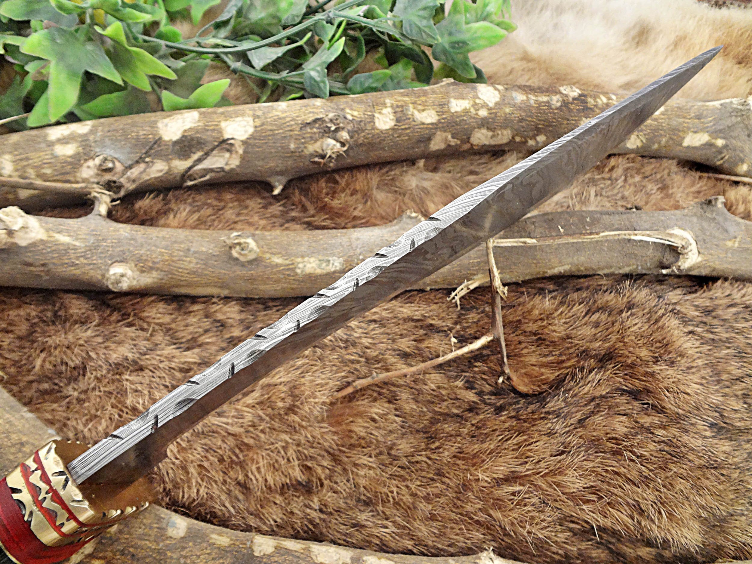 Damascus Steel Hunting Bowie Knife 14.5 Inches Custom Made Hand Forged with 10" Blade, 2 Tone Green Wood with Engraved Brass Scale, Thick Cow Hide Leather Sheath with Belt Loop (Black)