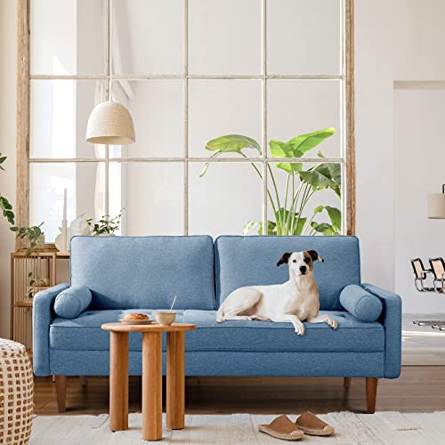 Koorlian 68 inch Dark Blue Couch, Modern Linen Fabric, Button Tufted Seat Cushion, Upholstered Loveseat with Square Armrest, 2 Throw Pillows, Small Sofa for Small Space, Apartment, Dorm, Easy Assembly