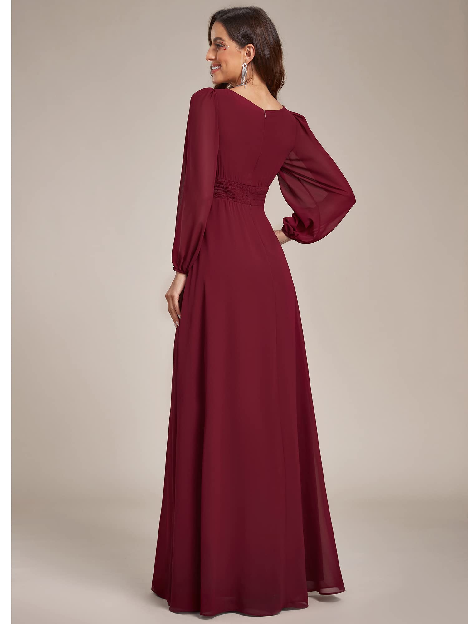 Ever-Pretty Women's Classic A-Line Chiffon Ruched Long Formal Dress with Sleeves Burgundy US10