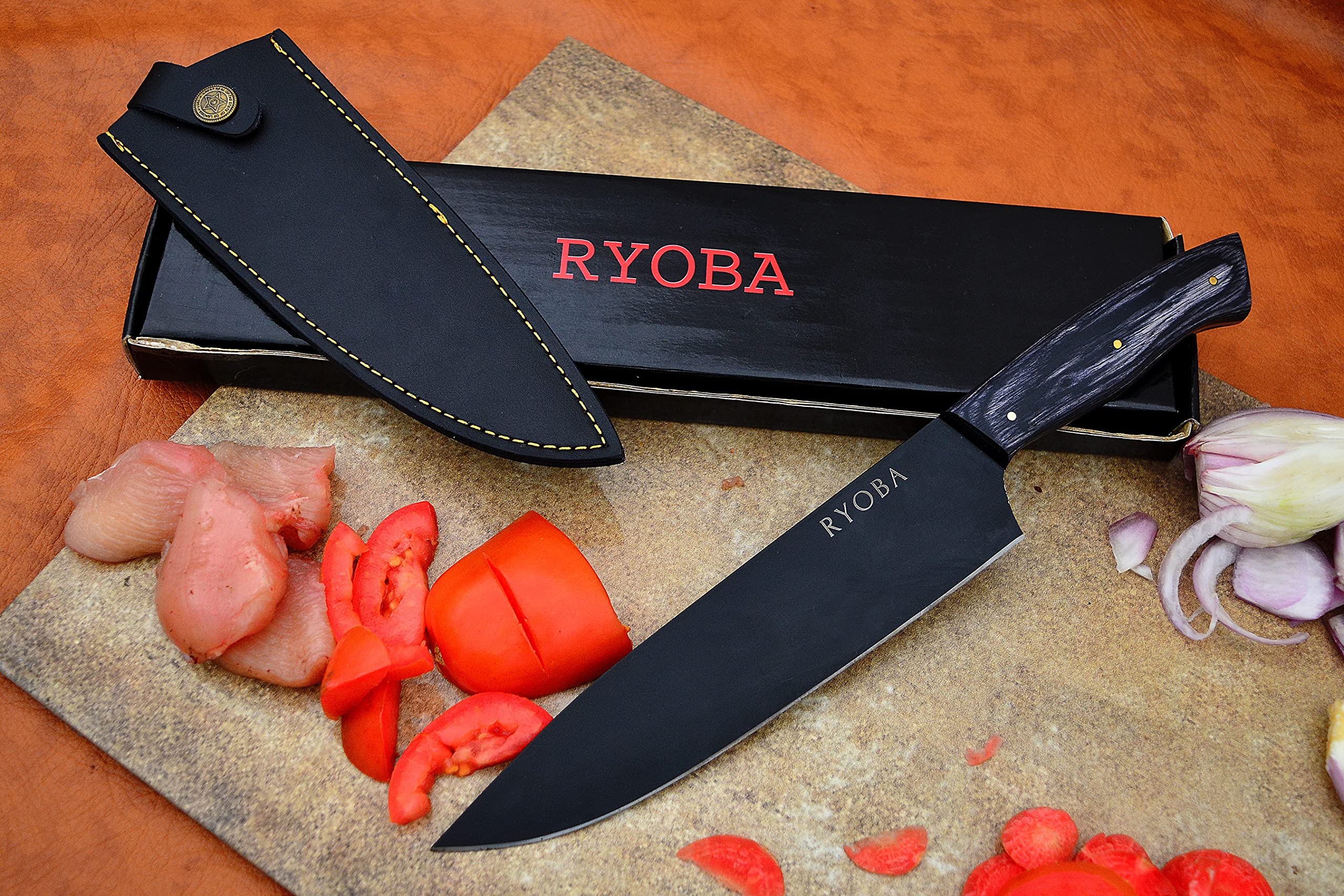 RYOBA Chef Knife 8 inch Kitchen Knife Ultra Sharp High Carbon Stainless steel Japanese chef knife with Finger Guard-Titanium Plated Black Chef Knife WITH Sheath and Sharpener in Gift Box
