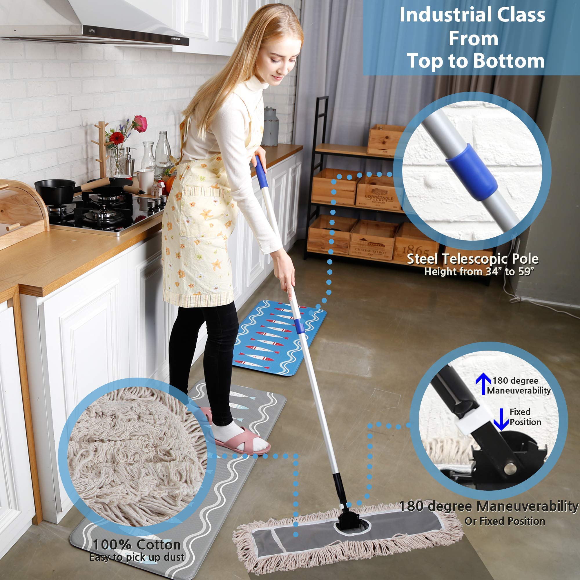 JINCLEAN 24" Industrial Cotton Floor Dust Mop with adjustable Steel Handle - Commercial Mops for Hardwood, Tiles, Laminate, Vinyl, Garage epoxy, Bamboo surface cleaning and Flooring Push Dust Broom