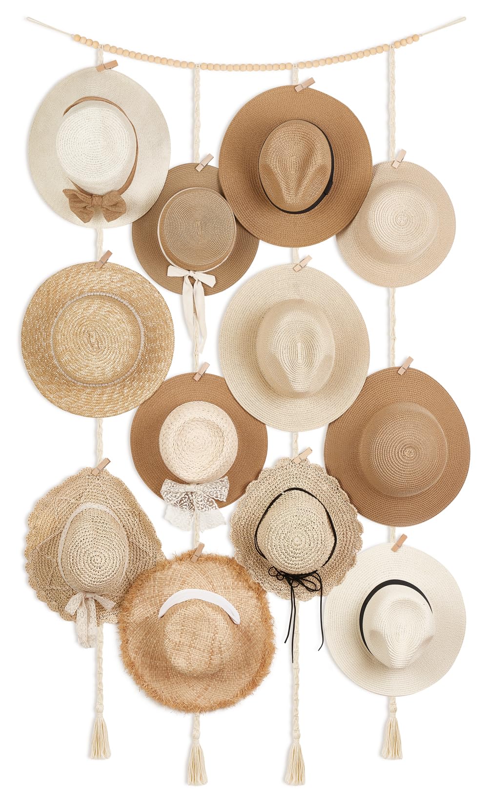 Mkono Hat Rack Hat Hangers for Wall Boho Macrame Hat Holder with Decorative Tassels and 18 Clips Modern Cowboy Womens Caps Storage Display Organizer for Wide Brim Bowler Fedora Hat