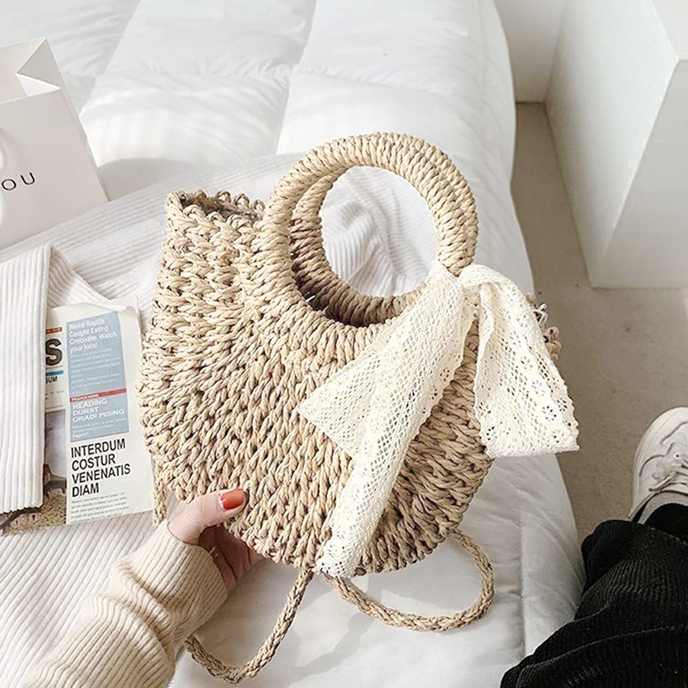 DONGKER Straw Beach Bag,Beach Weave Shoulder handbag with Round Ring Handle for Women Beach Vacation