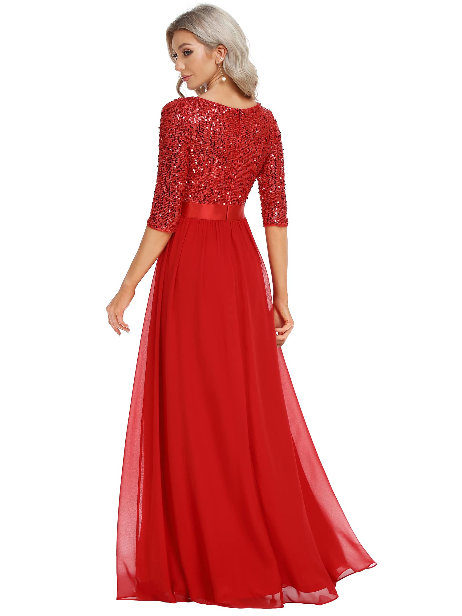 Ever-Pretty Women's Elegant A Line Crew Neck Half Sleeve Sequin Maxi Evening Dress Red US24