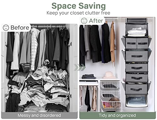 Kootek 7 Shelf Hanging Closet Organizer with Drawers, Hanging Closet Shelves Closet Storage 6 Clothing Drawer Side Pockets for Clothes, Bras, Socks, Underwear, Nursery Room, Wardrobe